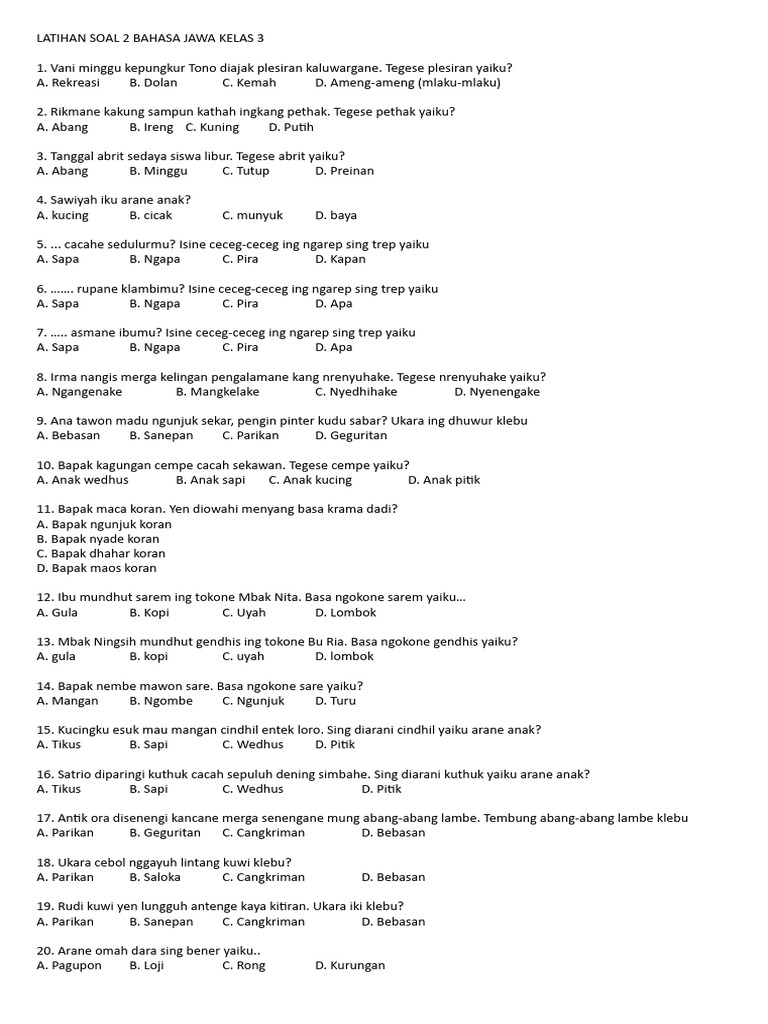 Latihan Soal 2 Bahasa Jawa Kelas 3 Pas Genap | PDF