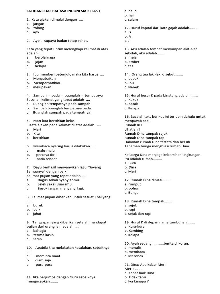 Soal Bahasa Indonesia Kelas 1 | PDF