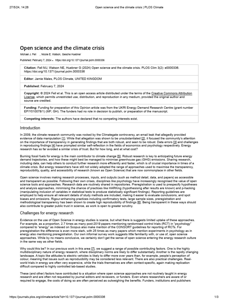 Open Science and The Climate Crisis - PLOS Climate | PDF | Randomized ...