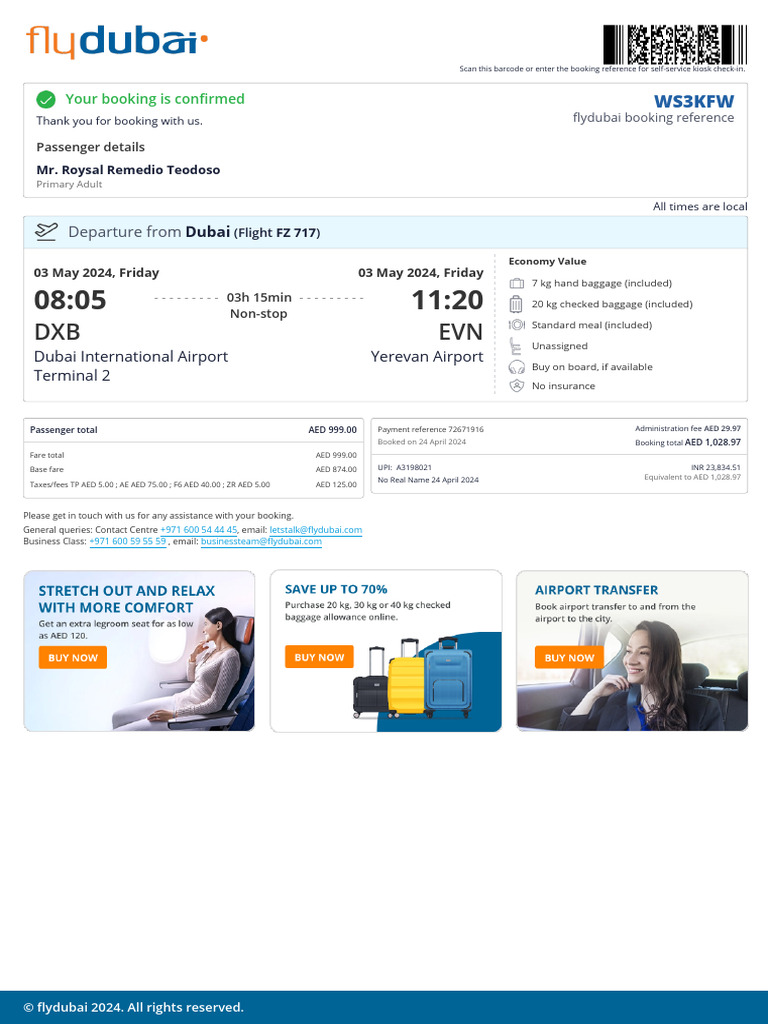 Booking Receipts ROYSAL DUBAI TO YEREVAN | PDF | Airlines | Civil Aviation