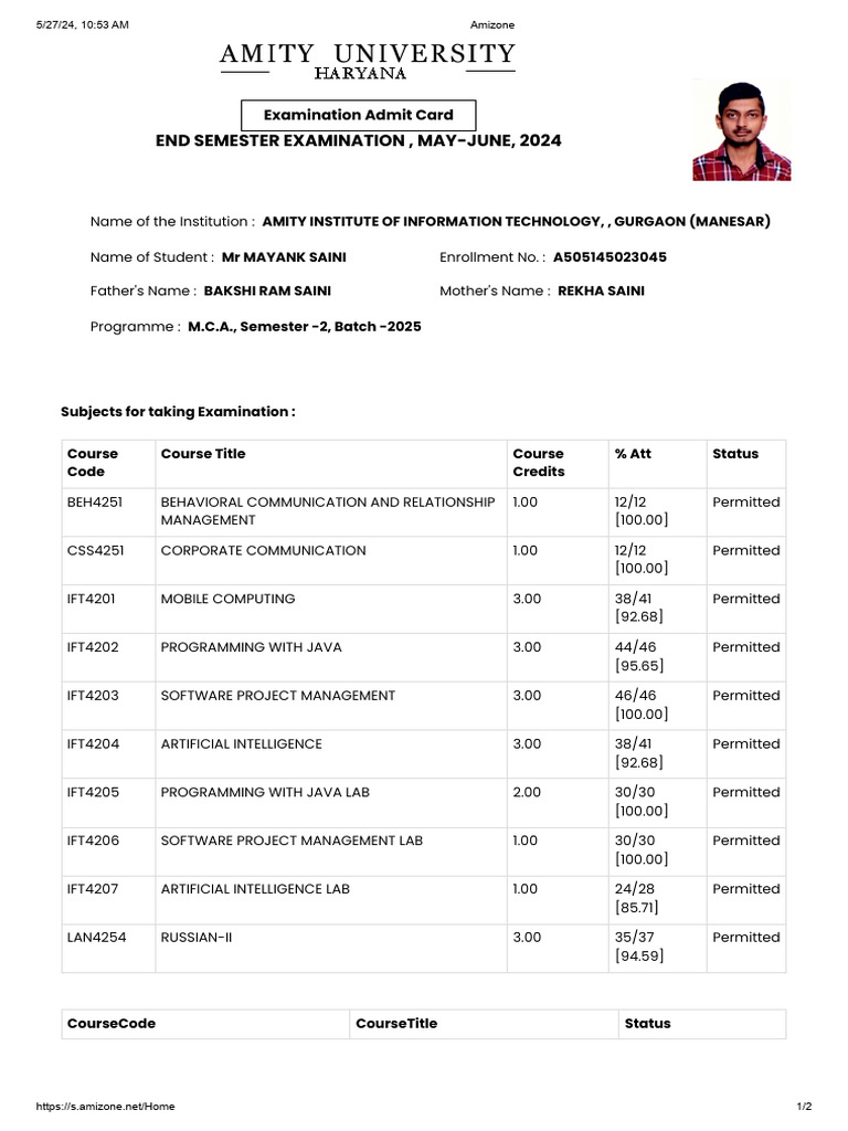 Admid Card 2 Sem | PDF | Software Engineering | Information Technology
