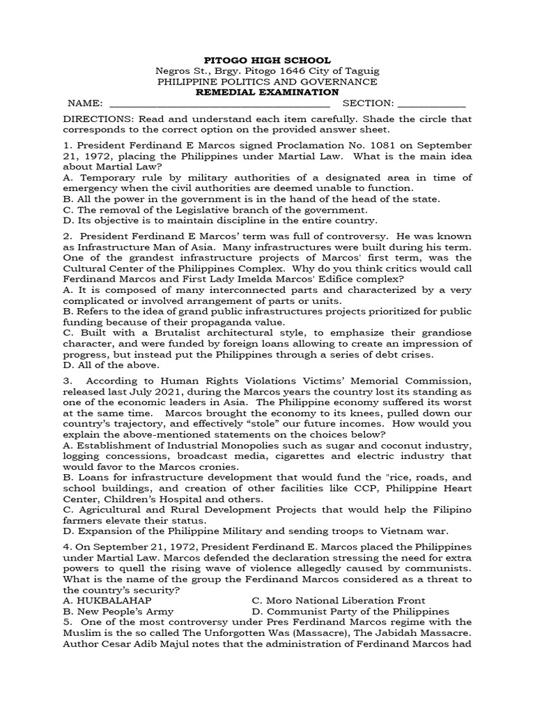 Quarter4 Remedial Examination POLGOV 2023 2024 | PDF | Presidents Of ...