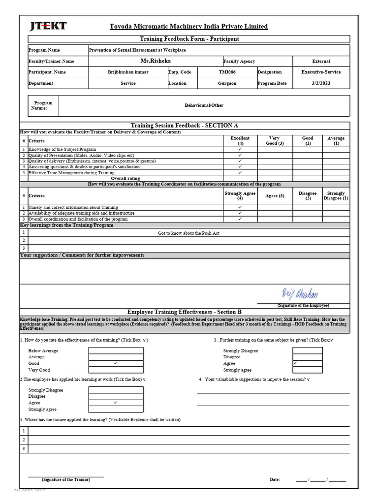 Training Feedback Form Posh 02-03-23 BG | PDF