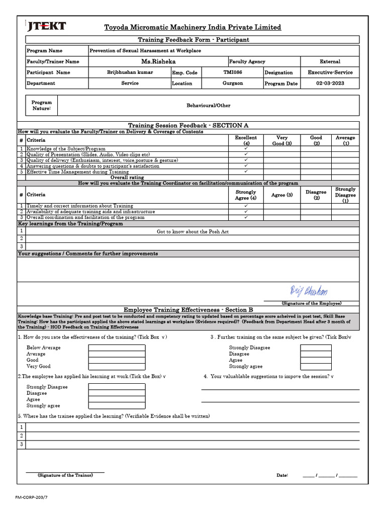 Training Feedback Form - Posh - 02-03-23 - BG | PDF | Human Communication