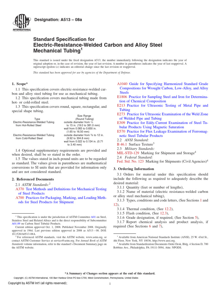 ASTM A 513-08A - Electric Resistance Welded Carbon and Alloy Steel Mechanical Tubing - Standard ...