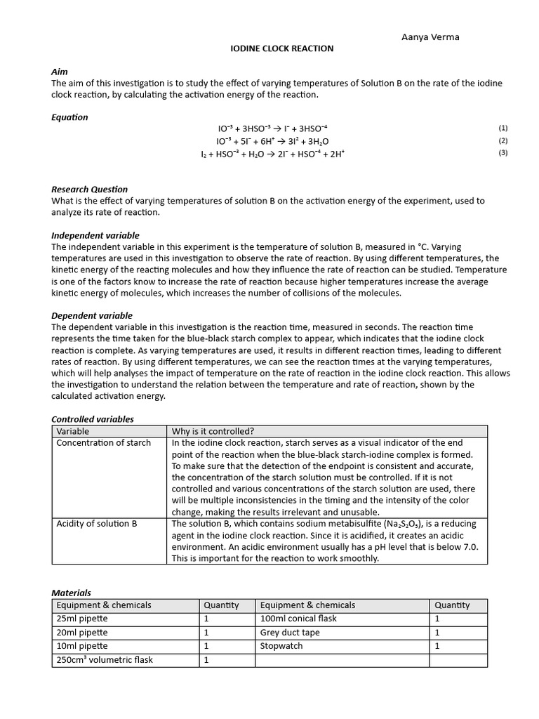 Assessed Lab - Iodine Clock Reaction | PDF | Reaction Rate | Chemical ...