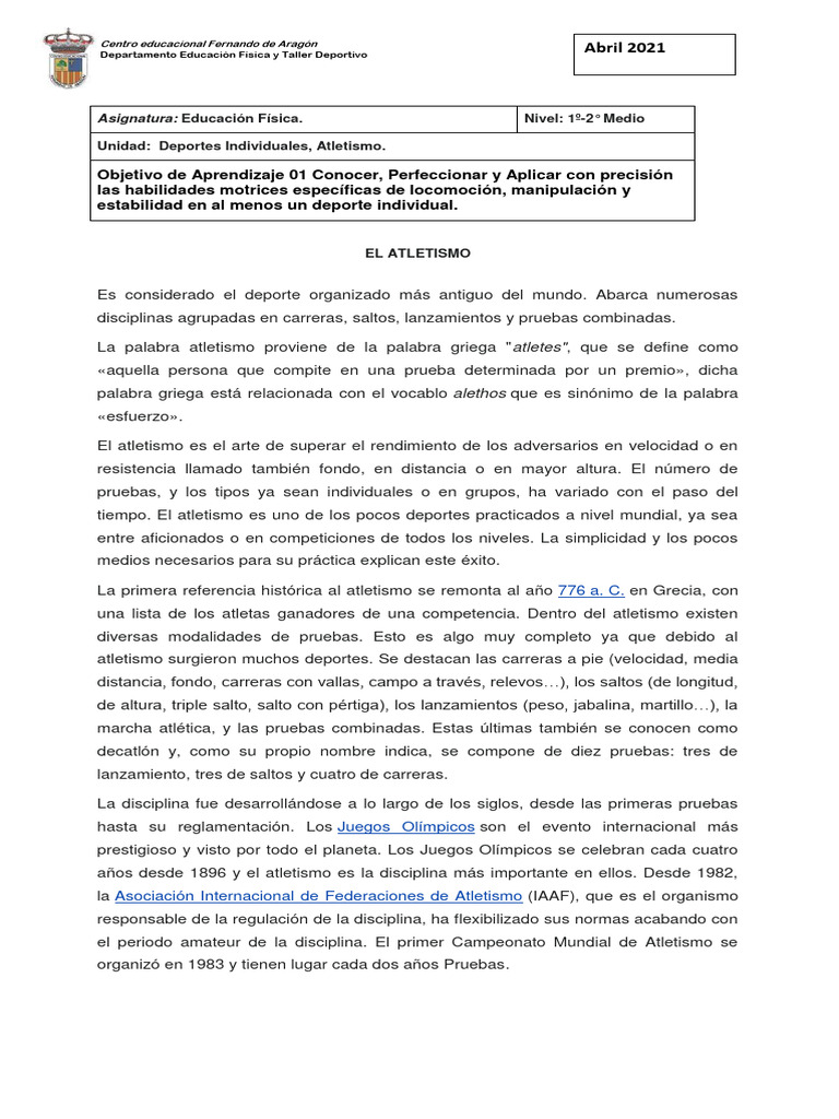 GUIA No 2 EF. FISICA 1oMEDIO ABRIL Atletismo 1 | PDF | Deporte del ...