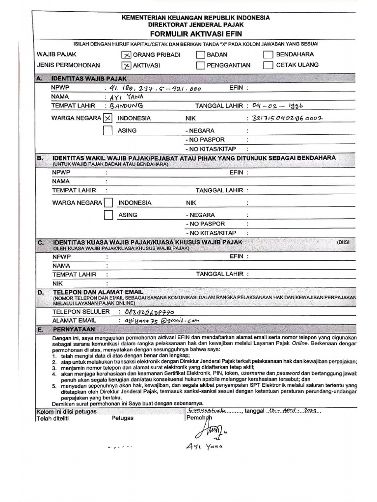 Formulir Aktivasi Efin | PDF