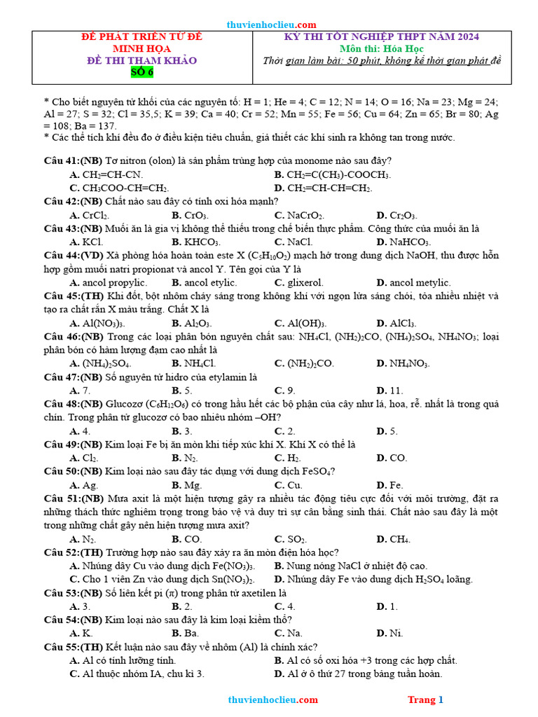 De Thi Thu TN THPT 2024 Hoa Phat Trien Tu de Minh Hoa de 6 | PDF