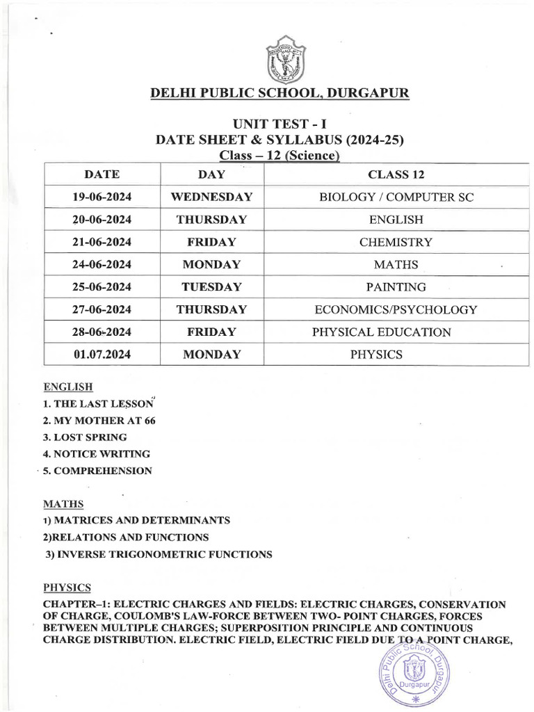 Date Sheet Class-12 Science | PDF
