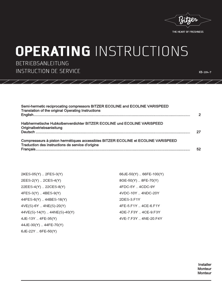 Bitzer Reciprocating Operating Instruction | PDF | Combustion | Gases