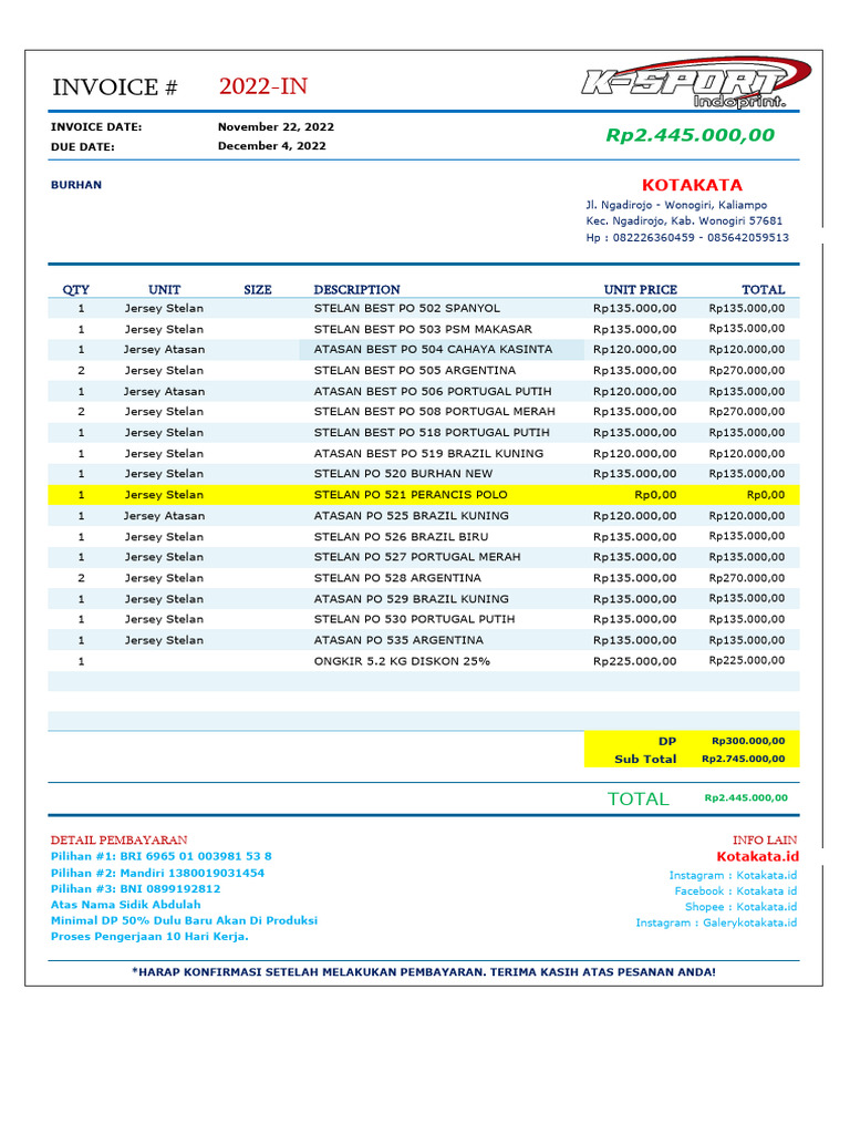 Invoice Pembelian Jersey Burhan 535 | PDF