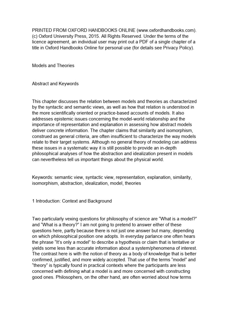 Models and Theories Margaret Morrison The Oxford Handbook of Philosophy ...