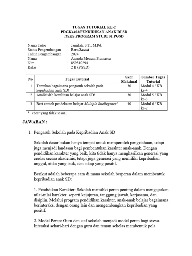 Tugas Tutorial Ke-2 Mk. Pendidikan Anak Di SD (TM2) | PDF
