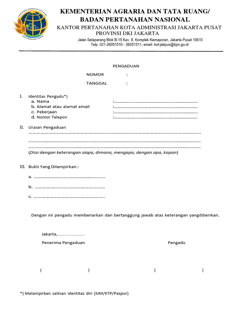 Formulir Pengaduan BPN Jakarta Pusat | PDF