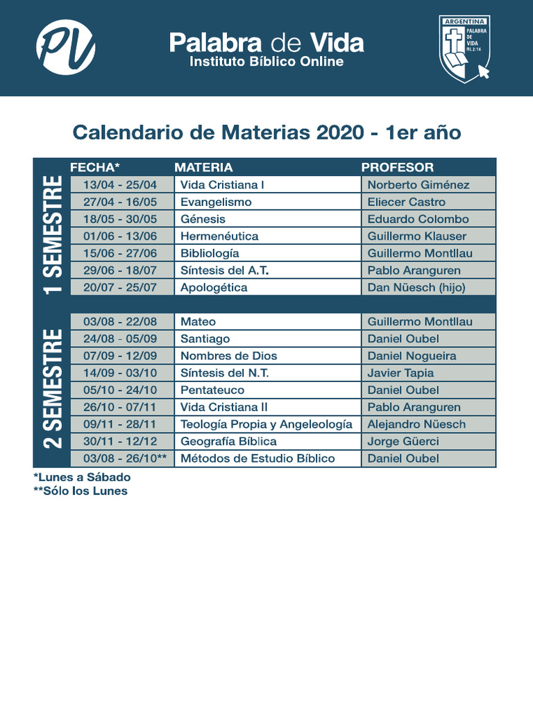 Calendario de Materias IBPV Online 2020 1er Año | PDF