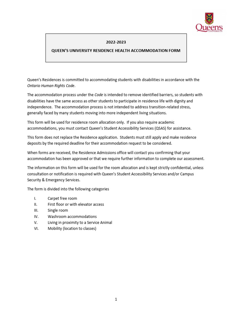 Queen's Residence Health Accommodation Form | PDF | Disability ...