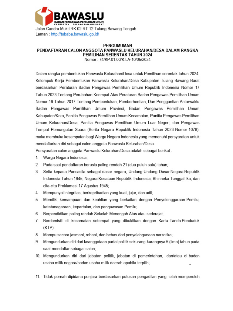 Pengumuman Pendaftaran Calon Anggota PKD Tahun 2024 | PDF