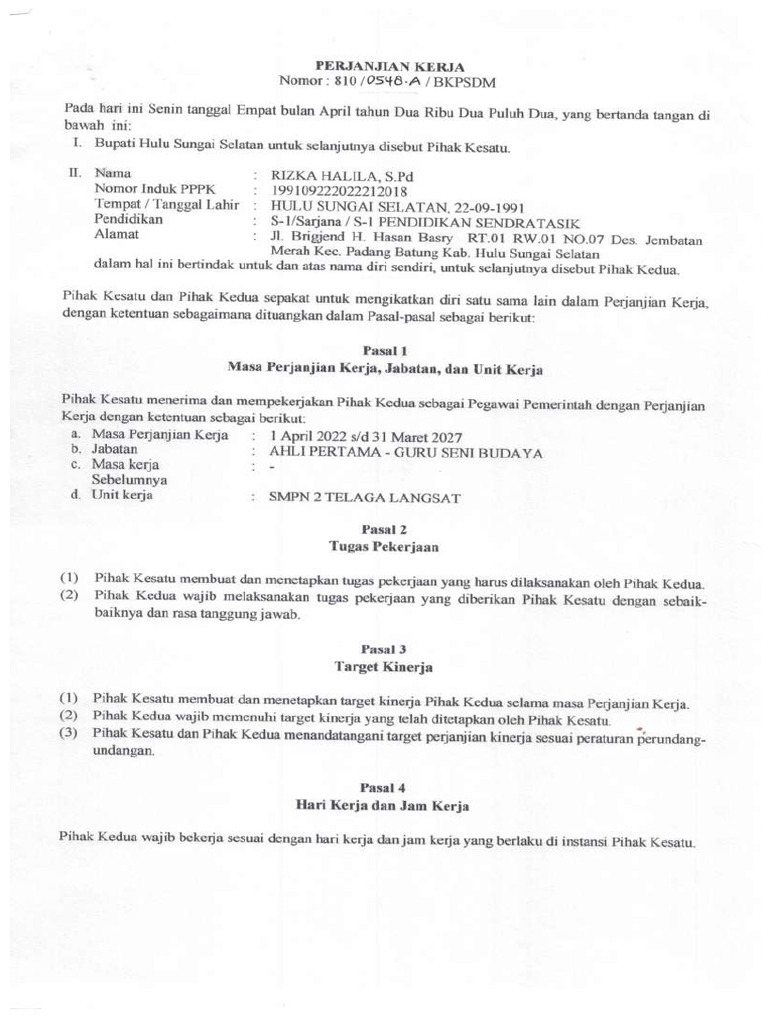 Perjanjian Kerja Rizka Halila, S.PD | PDF Perjanjian Kerja Rizka Halila, S.PD | PDF