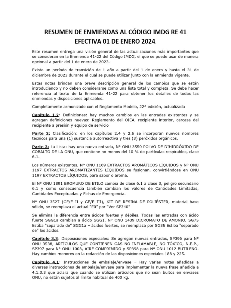 Enmiendas IMDG Re 41: Cambios 2024 | PDF | Materiales | Sustancias químicas