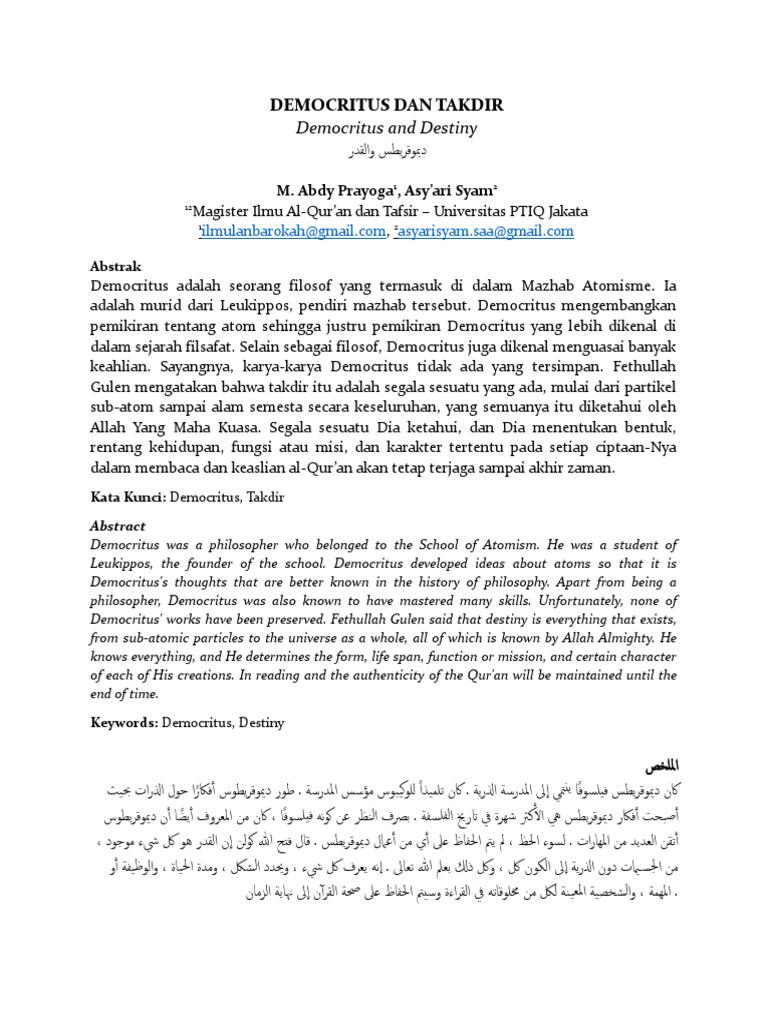 Makalah Democritus Dan Takdir (UTS-Filsafat Ilmu (M. Abdy Prayoga Dan Asy'ari Syam) ) | PDF ...