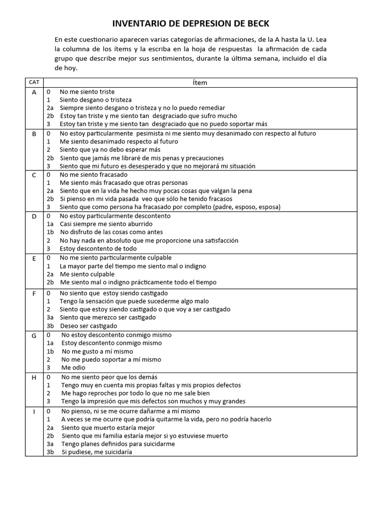 Inventario de Depresion de Beck | PDF | Trastorno depresivo mayor | Depresión (estado de ánimo)
