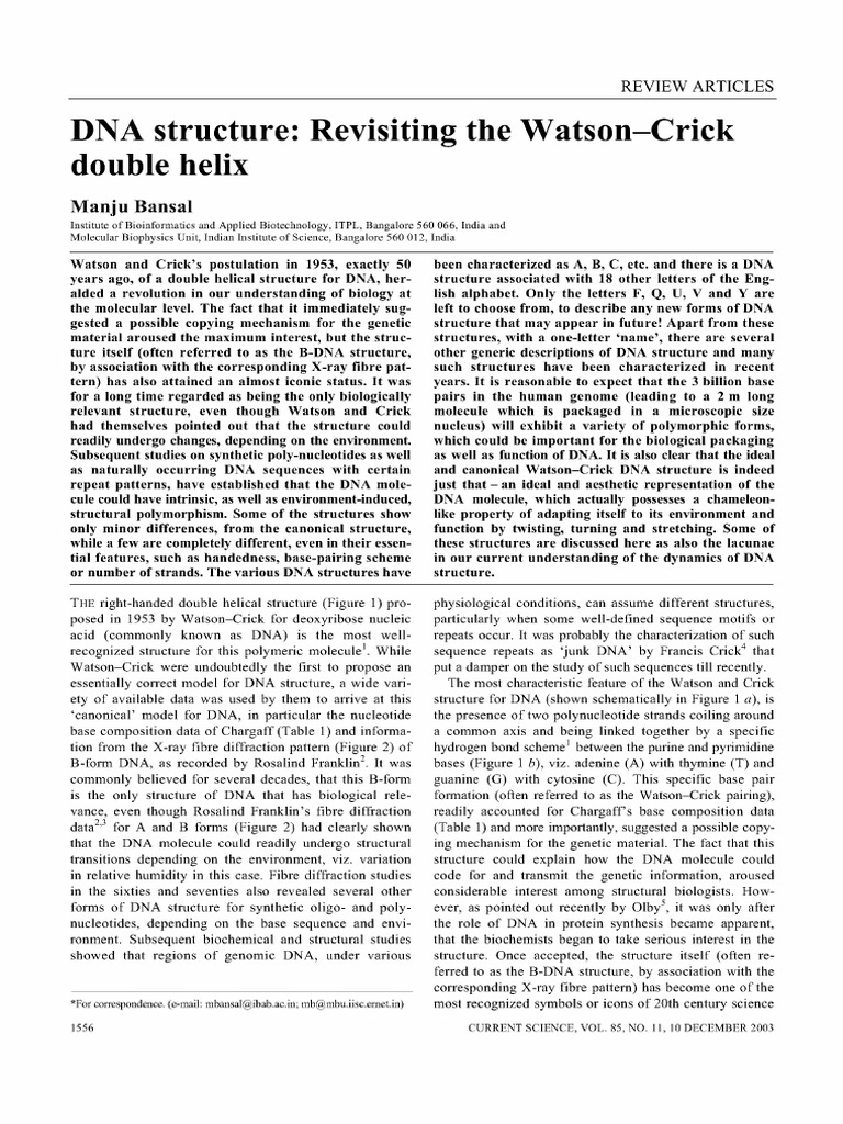 DNA Structure - Revisiting The Watson-Crick Double Helix | PDF