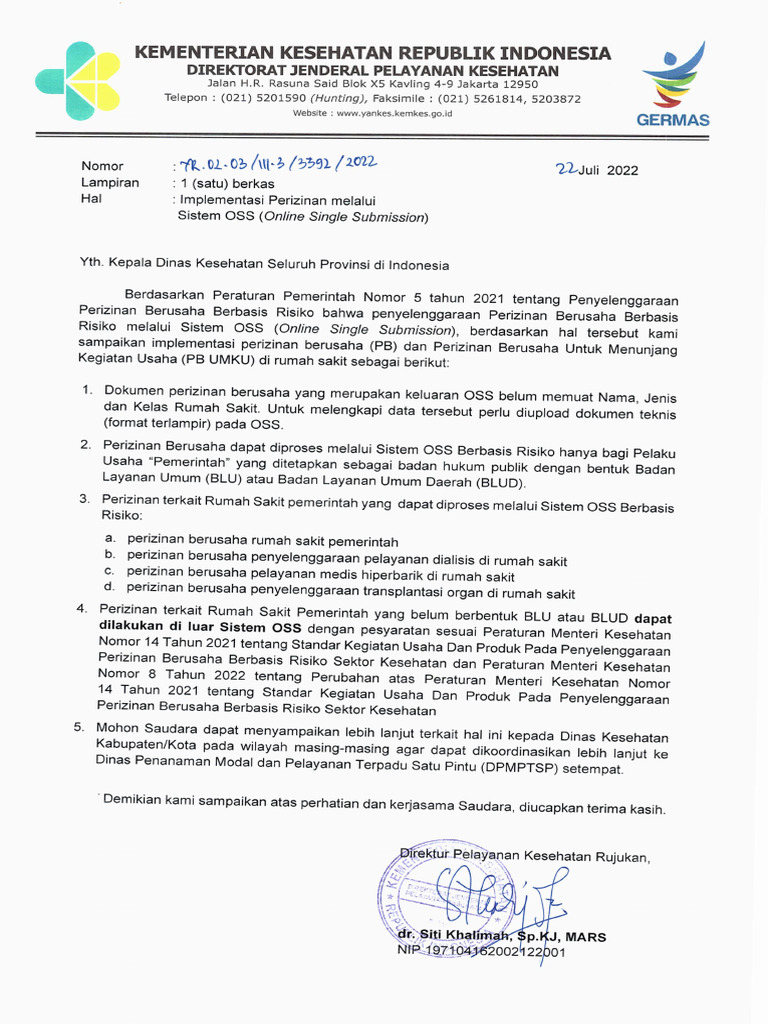 Surat Implementasi Sistem OSS | PDF