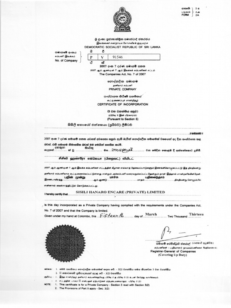 Business Registration - Sisili Hanaro Encare (PVT) LTD | PDF