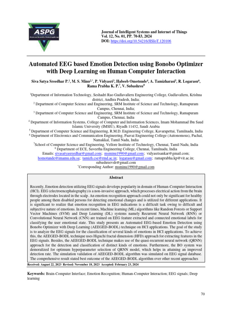 Automated EEG Based Emotion Detection Using Bonobo Optimizer With Deep Learning On Human ...