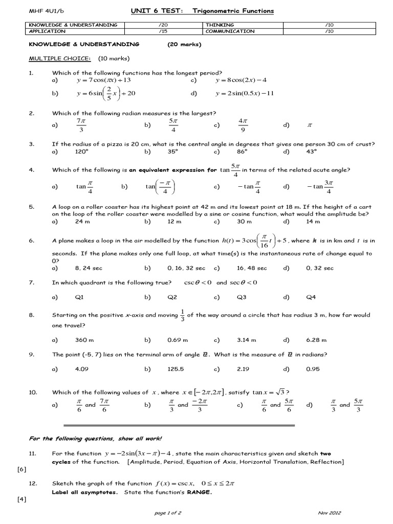Unit 6 Trigonometric Functions Version Bfull Permission Download Free Pdf Trigonometric