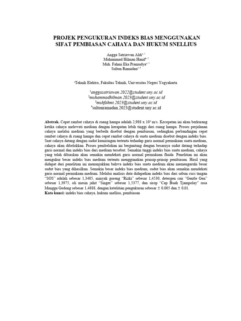 Projek Pengukuran Indeks Bias Menggunakan Sifat Pembiasan Cahaya Dan Hukum Snellius | PDF
