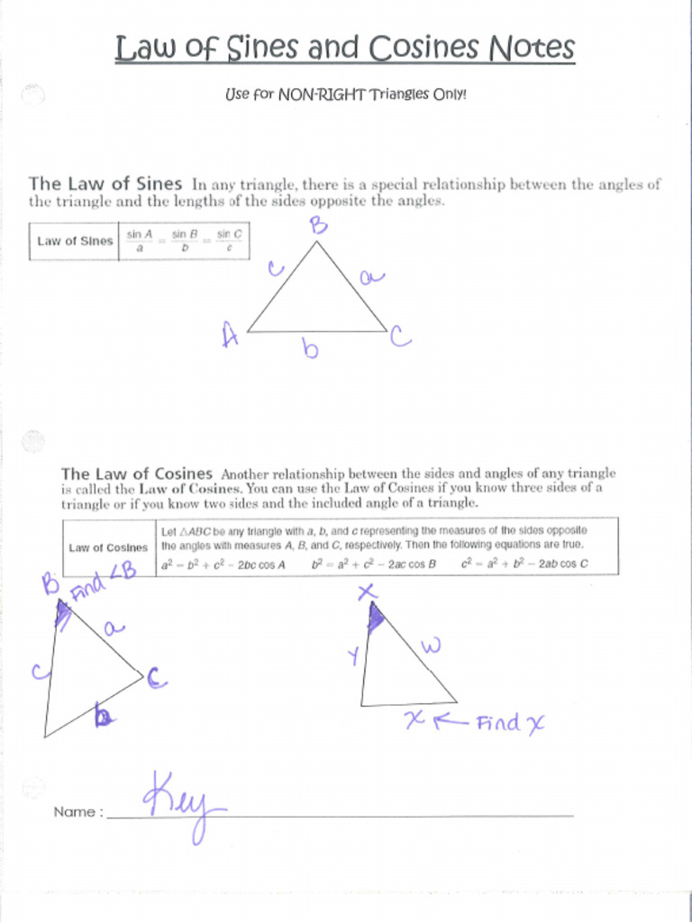 Law of Sines and Cosines Notes 2019 Key | PDF