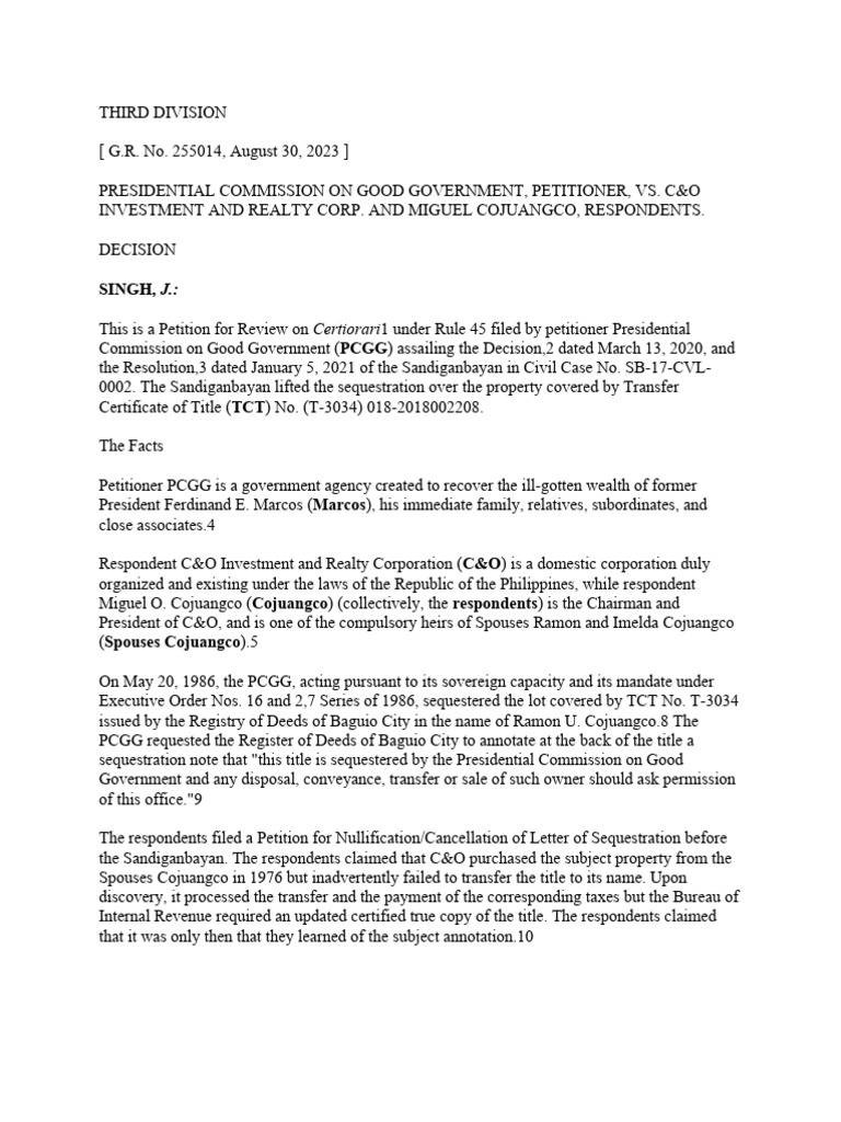 Presidential Commission On Good Government, Petitioner, vs. C&o ...