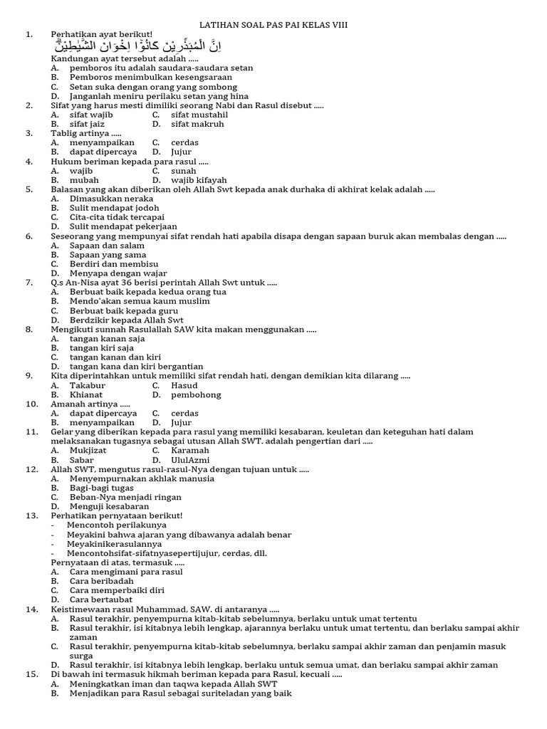 LATIHAN SOAL KLS 8 PAI Sem 2 | PDF