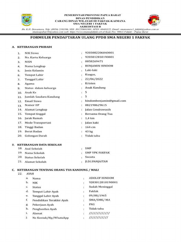 Bagi Bukti Formulir Pendaftaran Ulang BENJAMIN HINDOM | PDF