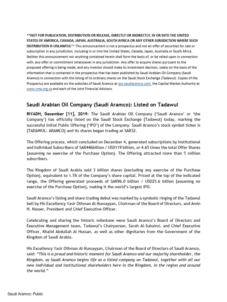 Saudi Aramco Listed On Tadawul | PDF | Initial Public Offering | Economies
