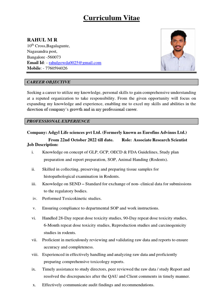 Curriculum Vitae (Rahul M R) | PDF | Biology