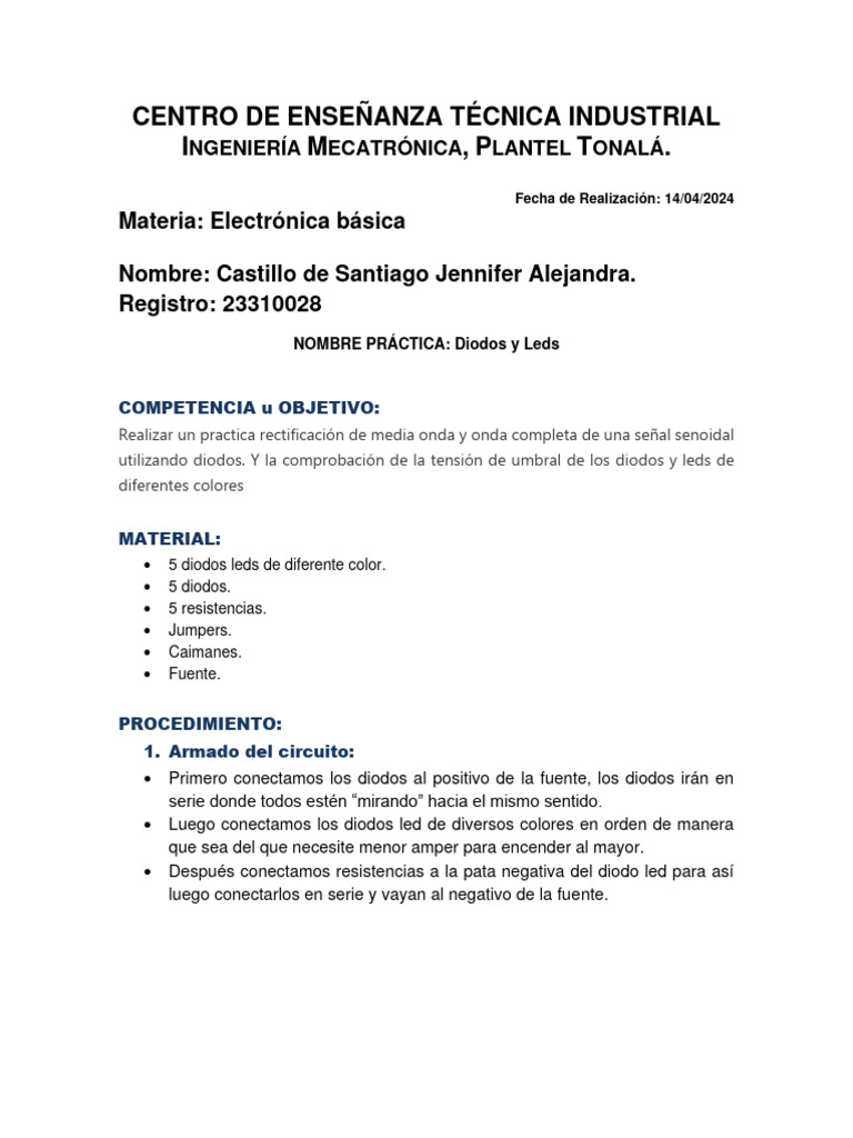 Prac2.2 2B1 23310028 | PDF | Diodo emisor de luz | Corriente eléctrica