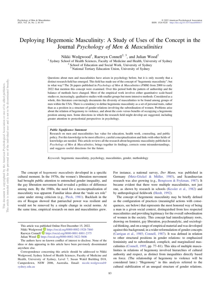 Deploying Hegemonic Masculinity: A Study of Uses of The Concept in The ...
