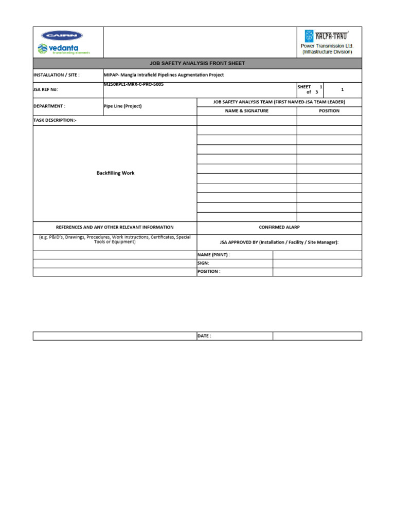 JSA-Backfilling Work | Download Free PDF | Safety | Occupational Safety And Health