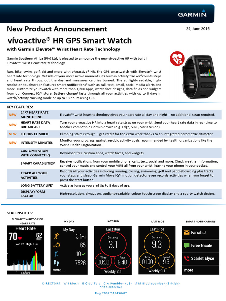 Garmin Vivoactive HR Specs | PDF | Smartwatch | Mobile Computers