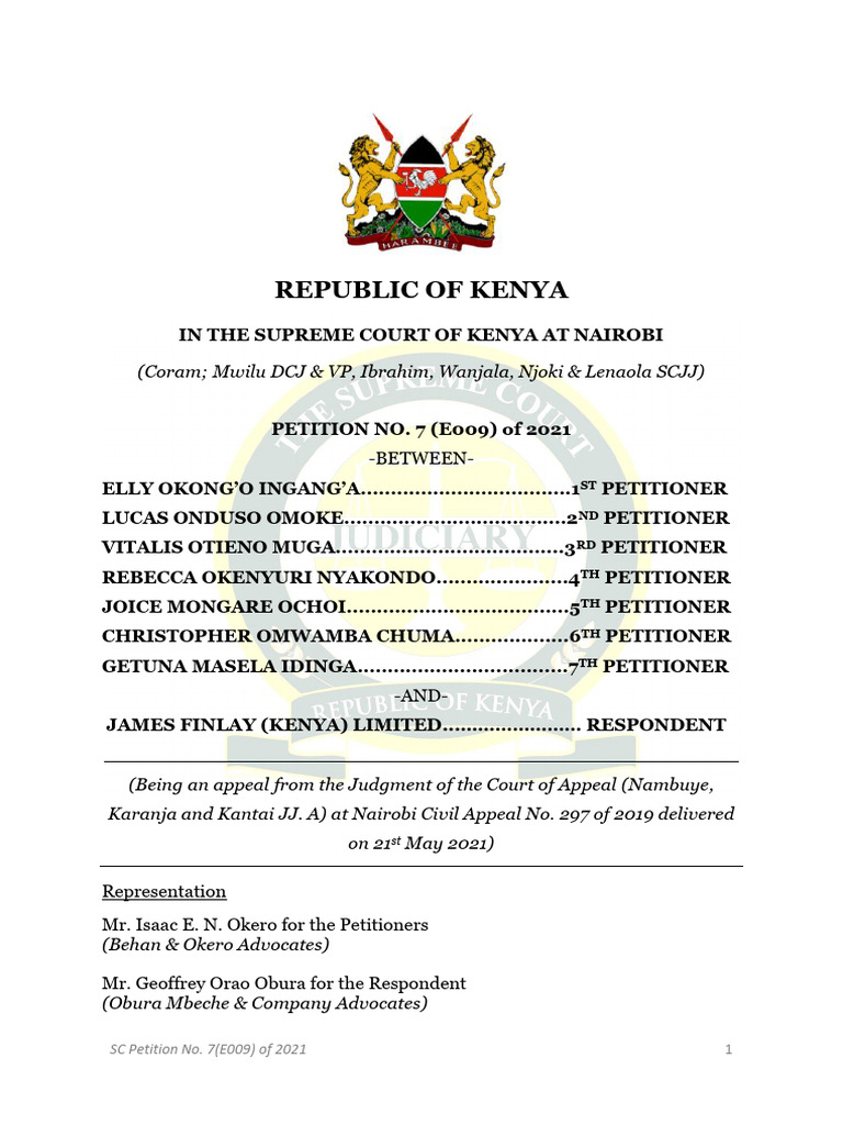 Petition No. 7 E009 of 2021elly Okongo Inganga 6 Others Vs James Finlay ...
