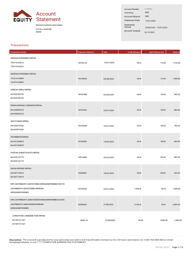 Benson Equity Bank Statement | PDF | Debits And Credits | Financial ...
