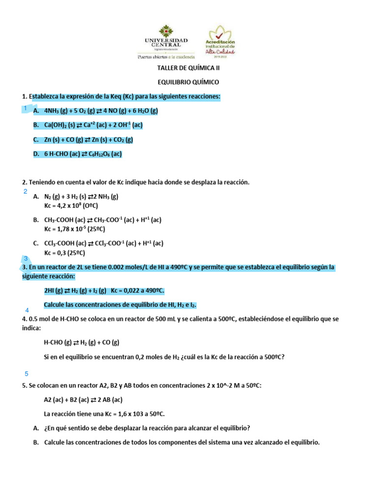 TALLER EQUILIBRIO QUÍMICO 2023 | Descargar gratis PDF | Solubilidad | Concentración