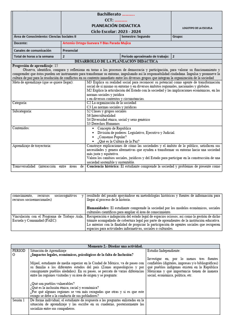 Bachillerato CCT: Planeación Didactica Ciclo Escolar: 2023 - 2024 | PDF | Sociedad | Inclusión ...