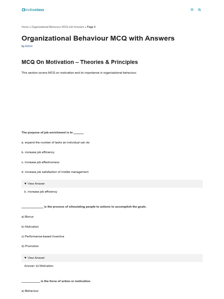 Organizational Behaviour MCQ With Answers: MCQ On Motivation - Theories & Principles | PDF ...
