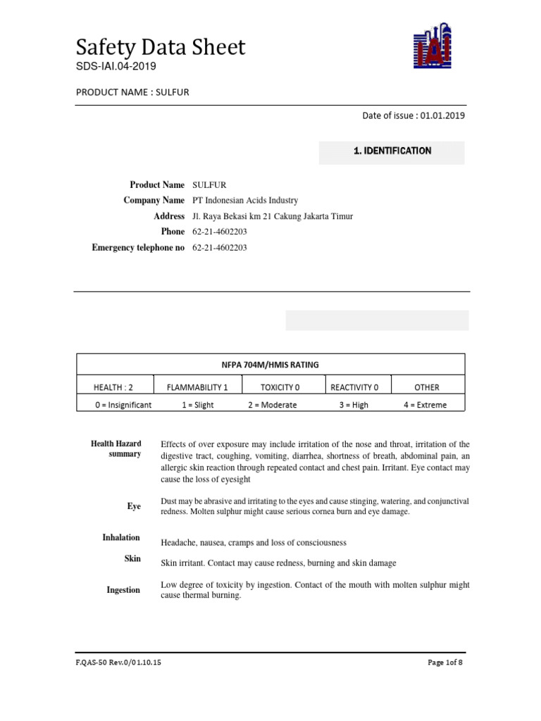 Msds Sulfur | PDF | Water | Sulfur