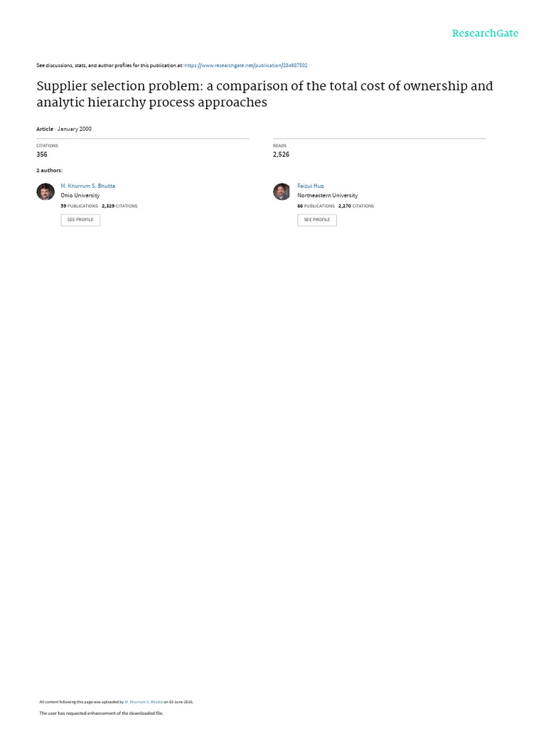 Supplier Selection Problem | PDF | Supply Chain | Total Cost Of Ownership