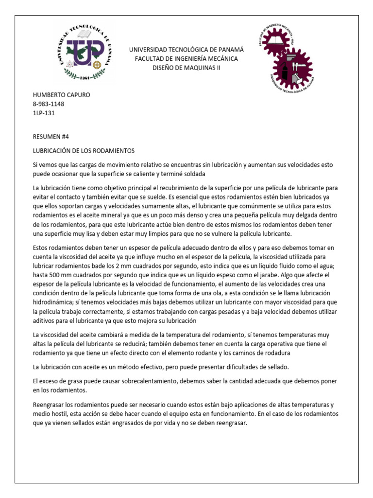 Resumen 4, Humberto Capuro, 8-983-1148 | PDF | Lubricante | Viscosidad